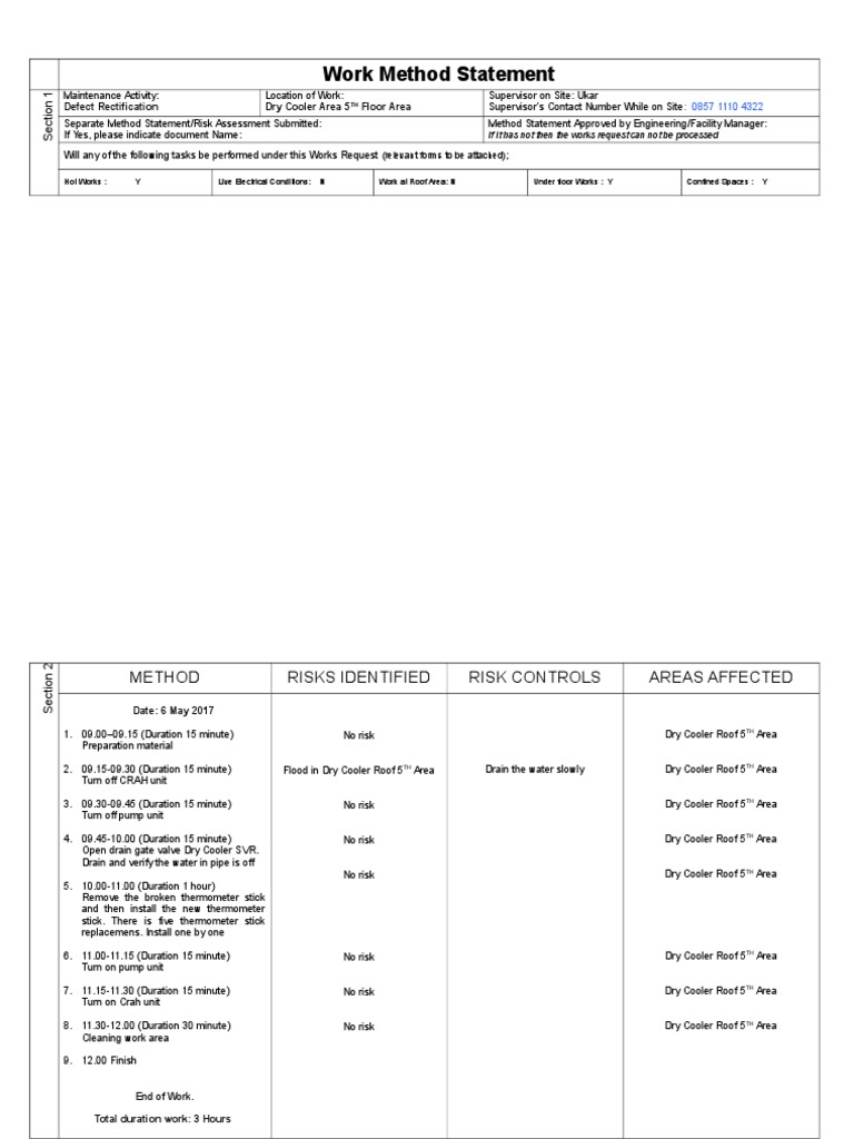 Work Method Statement: Defect Rectification Dry Cooler Area 5 Floor Area | PDF | Thermometer | Risk