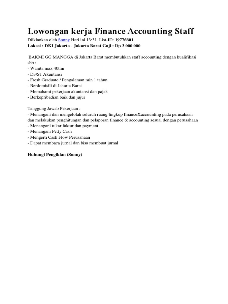 Lowongan Kerja Finance Accounting Staff | PDF