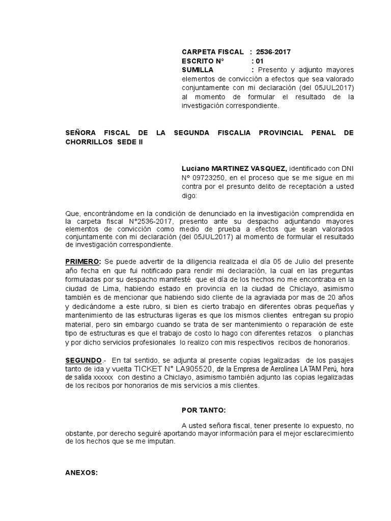 Escrito 2 Fiscalia de Chorrillos Sr. Luciano (Adjunta Medios de Prueba) | PDF | Justicia ...