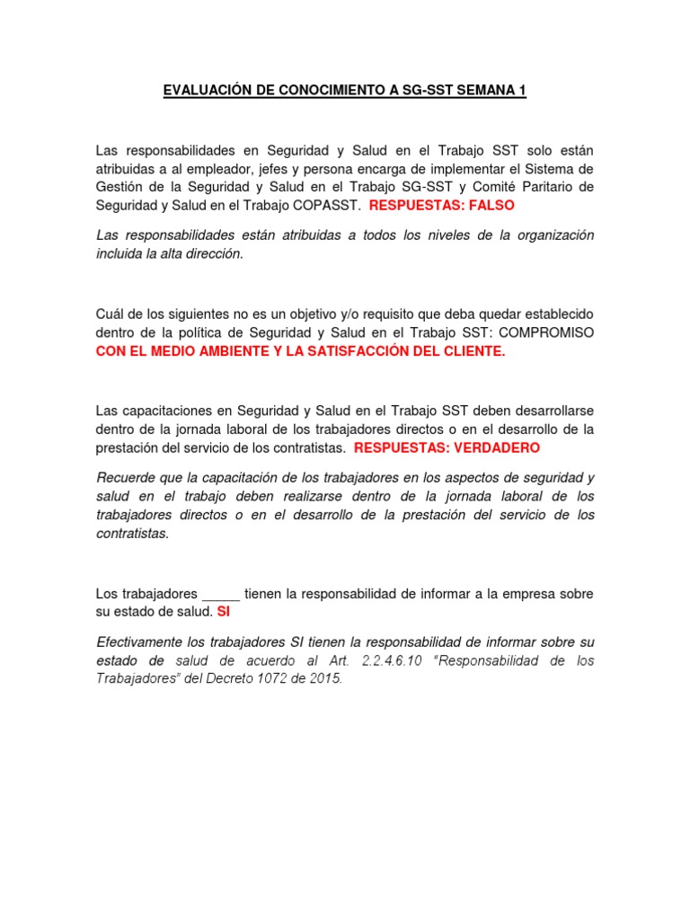 Evaluación de Conocimiento SG SST Sena | PDF | Derecho laboral | La seguridad