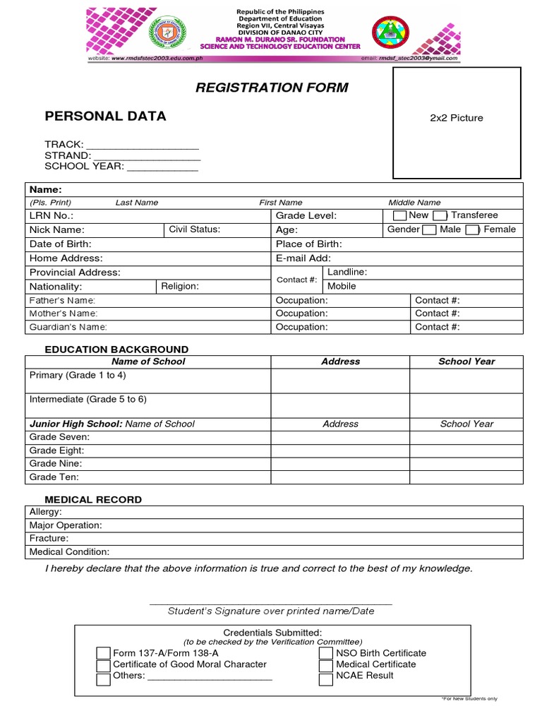 Senior High School Registration Form 2017 | PDF | Wellness | Medical