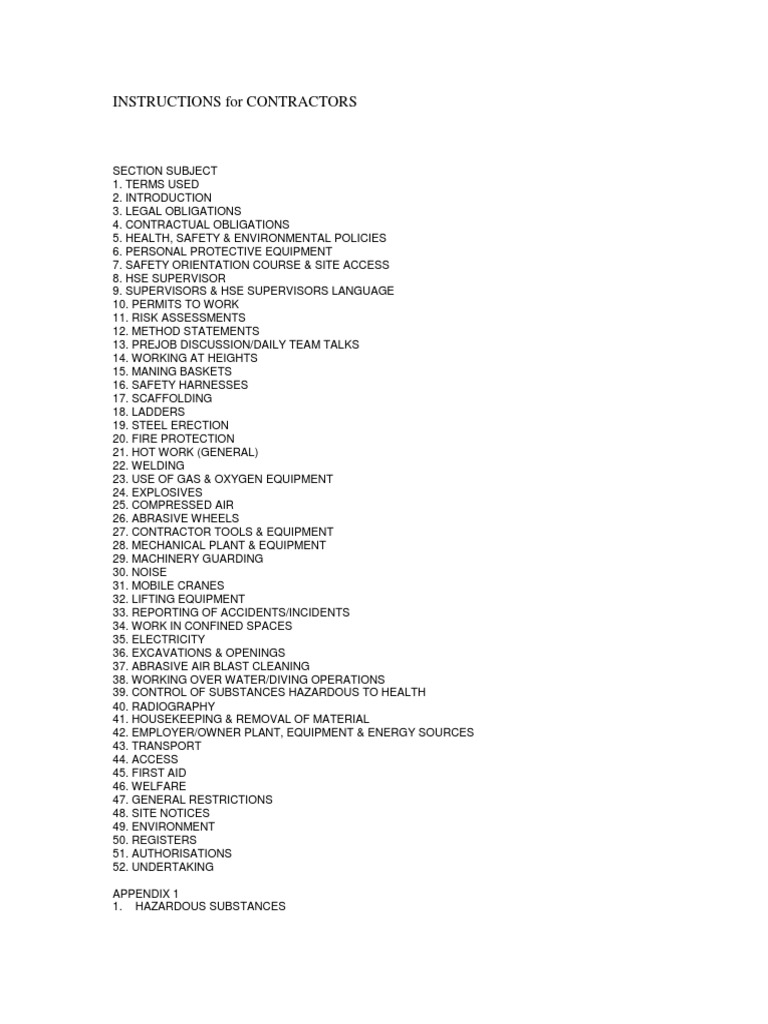 Safety Instructions For Contractors Site Work | PDF | Personal ...