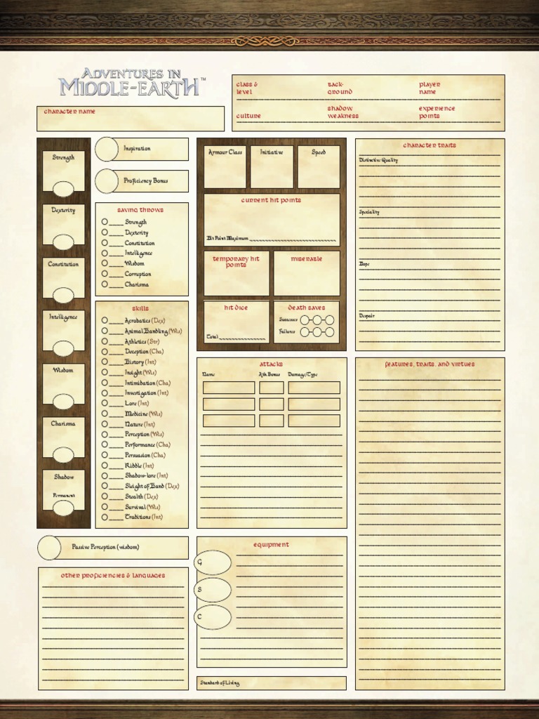 Adventures in Middle-Earth Character Sheet | PDF | Role Playing ...