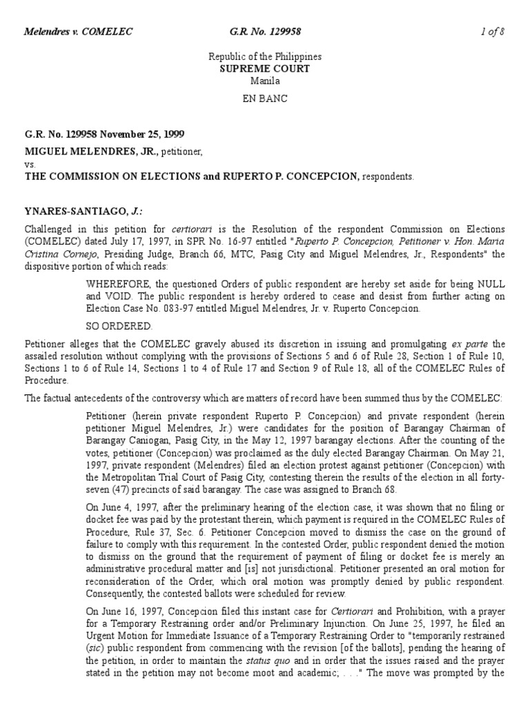 Melendres v. COMELEC Case Summary | PDF | Certiorari | Pleading