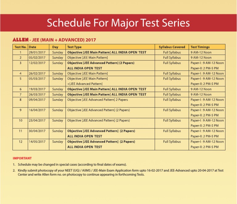Mts Jee Advanced Schedule 2016 17 | PDF