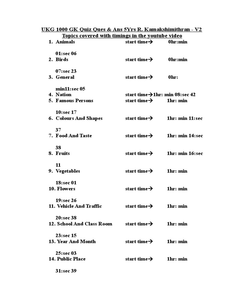 UKG 1000 GK Quiz Ques & Ans by R. Kamakshimithran | PDF | Planets ...