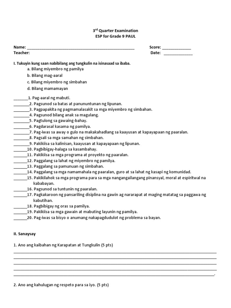 3rd Quarter Exam ESP G-9 | PDF