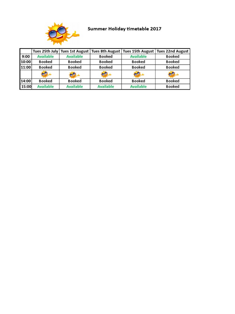 Summer Holiday Timetable | PDF