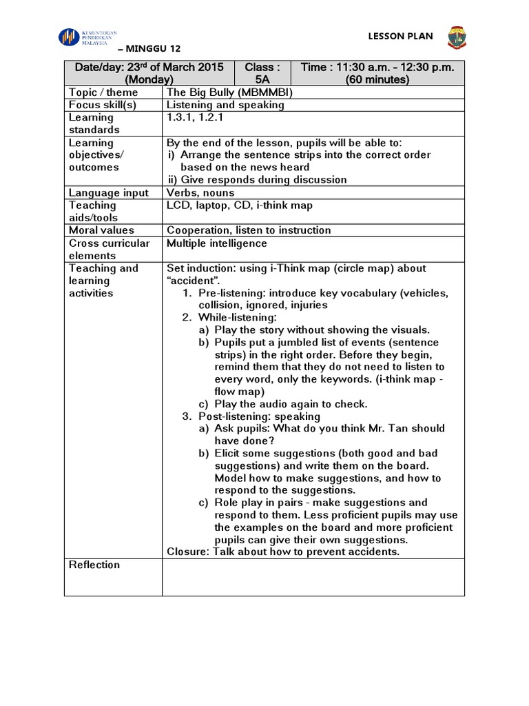 Lesson Plan: The Big Bully Week 12 | PDF | Question | Lesson Plan