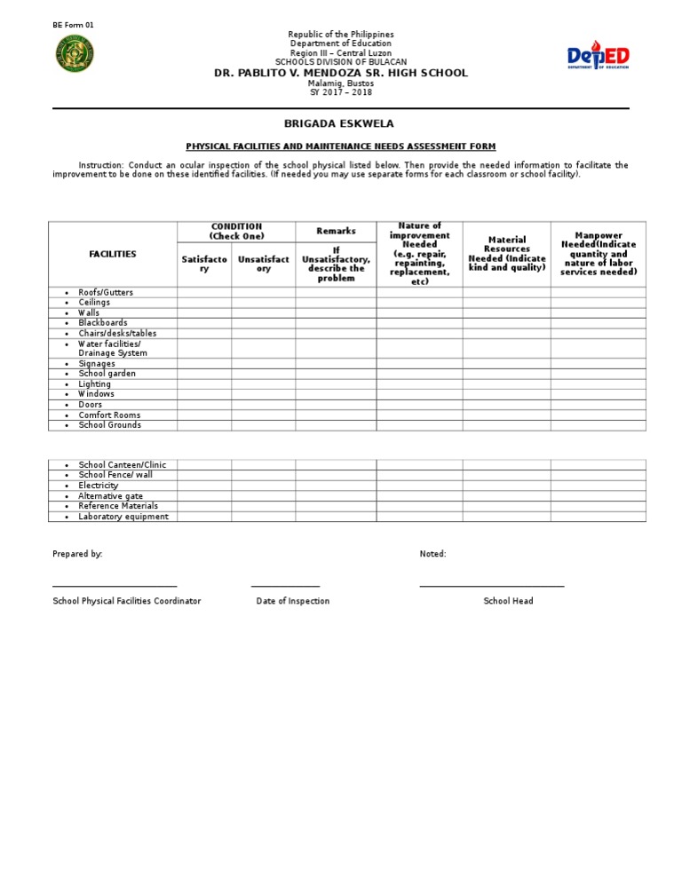 Be Form 1 - Physical Facilities and Maintenance Needs Assessment Form ...