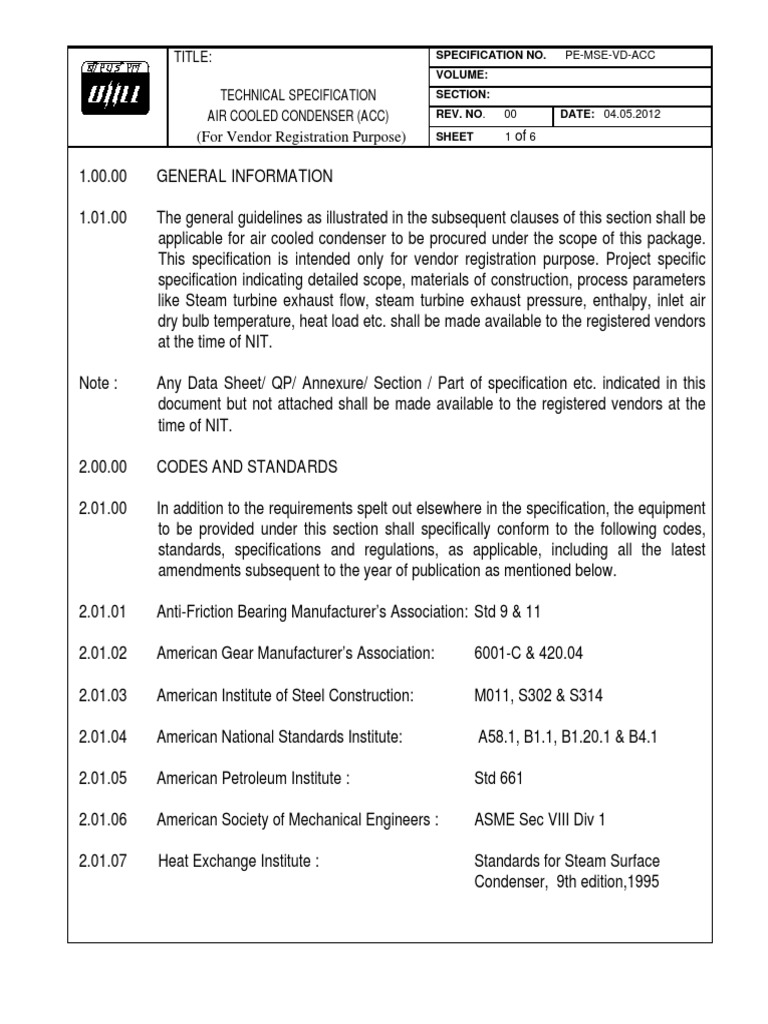 Air Cooled COndenser.pdf | Heat Exchanger | Specification (Technical ...