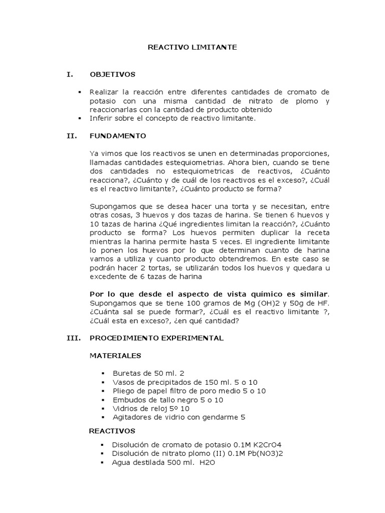 Reactivo Limitante en Reacciones Químicas | PDF | Procesos unitarios ...