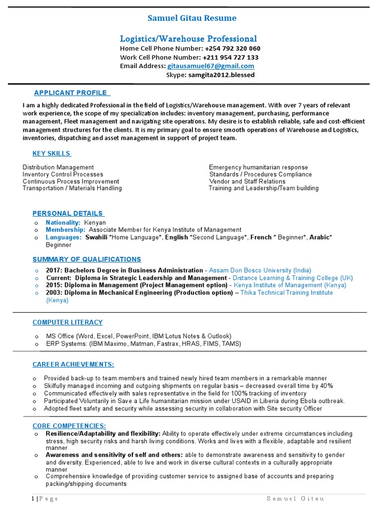 Gitau Samuel (Resume) | PDF | Logistics | Warehouse