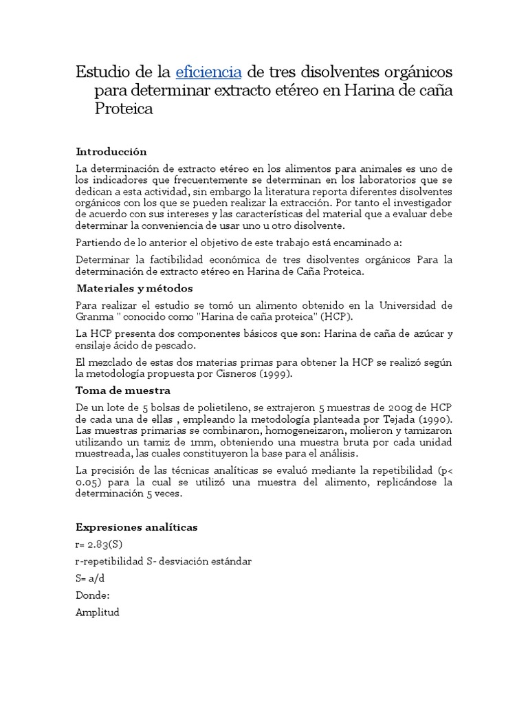 Extracto Etéreo en Harina de Caña Proteica | PDF | Solvente | Polaridad ...