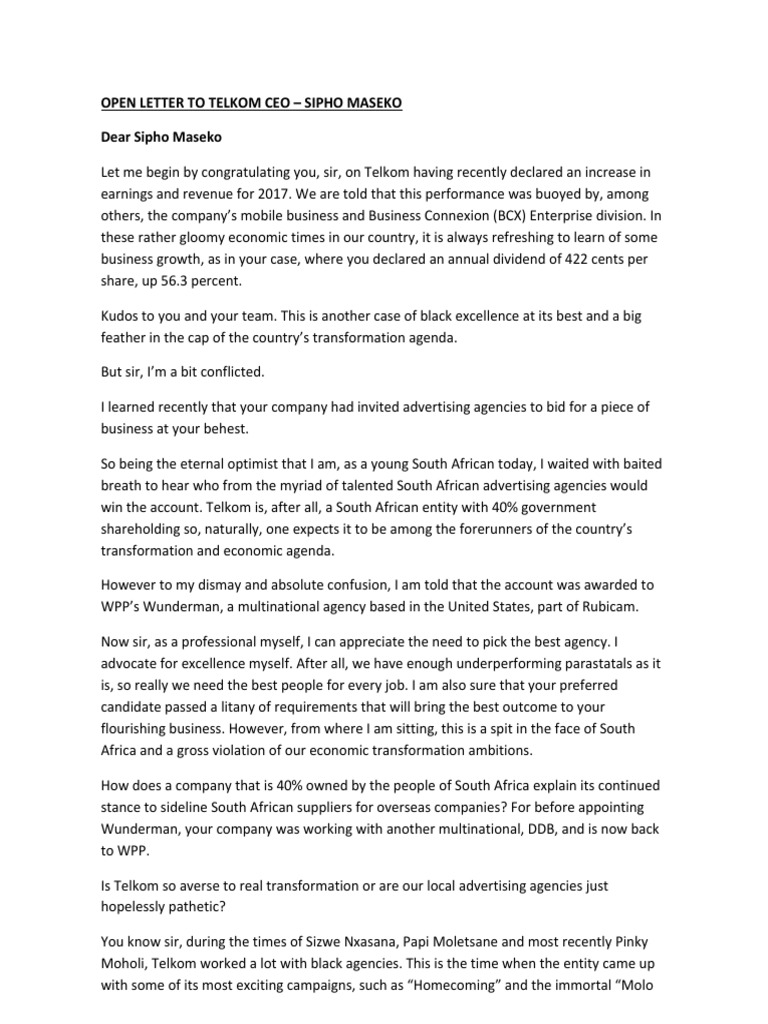 Telkom CEO Open Letter | PDF | Companies | Business