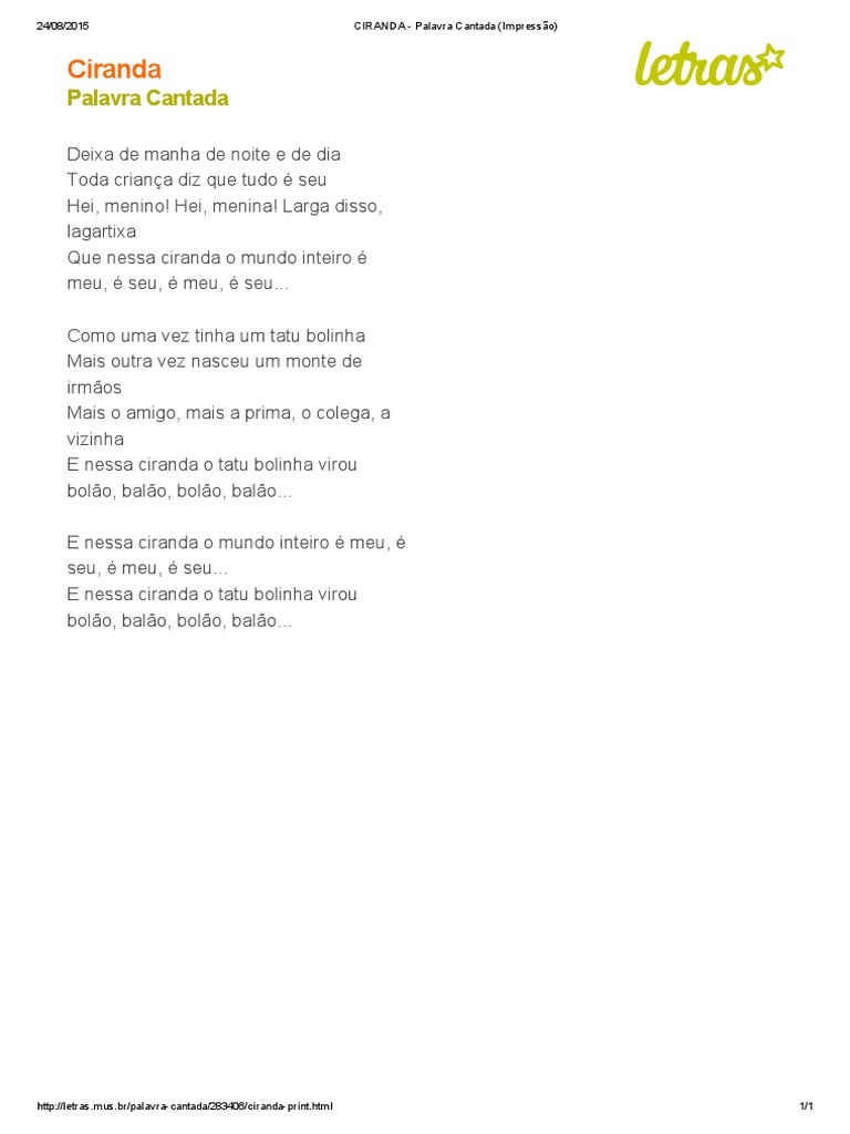 CIRANDA - Palavra Cantada (Impressão) | PDF