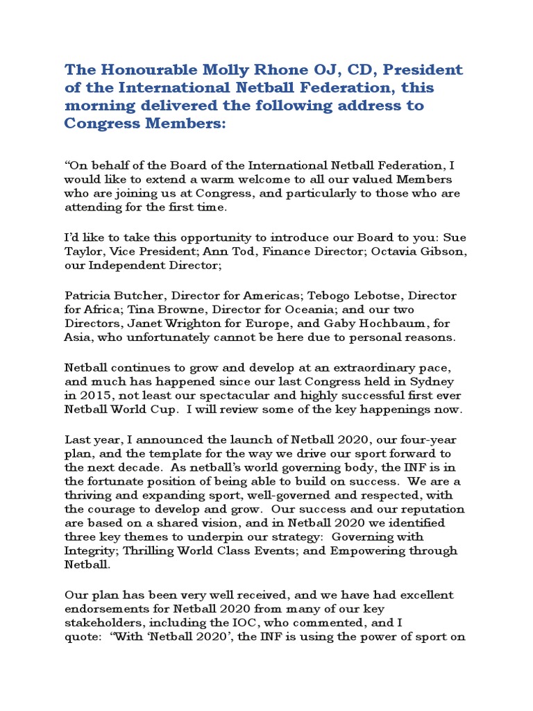 President of The International Netball Federation - Speech 2017 ...