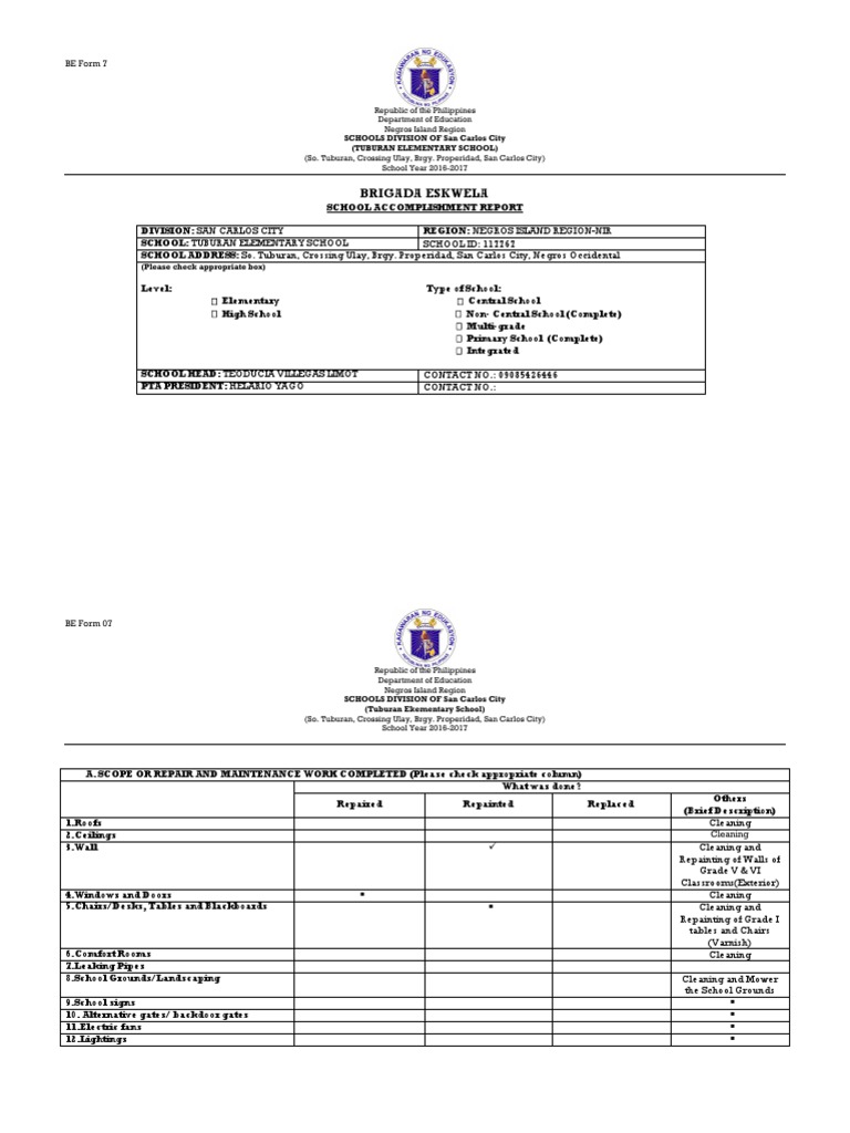Brigada Eskwela Form 7 Accomplishment Report | PDF | Schools