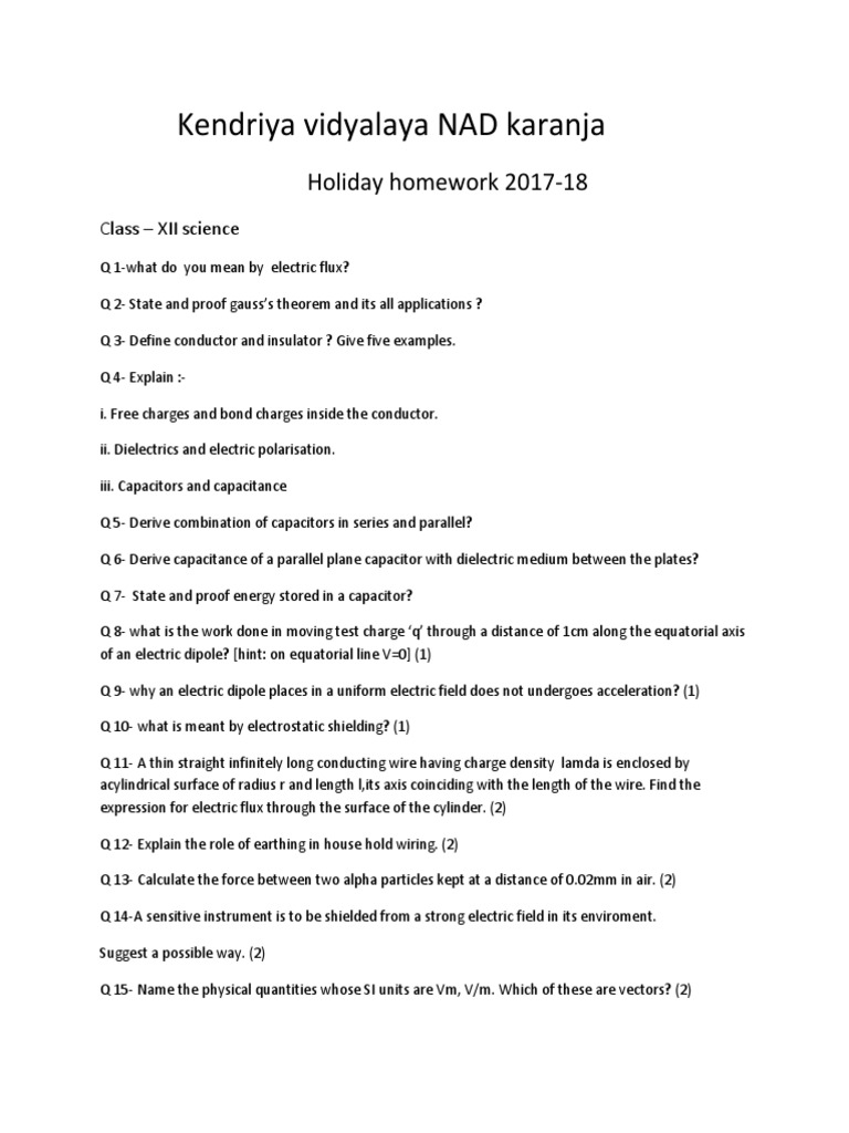 Kendriya Vidyalaya NAD Karanja Class XII Science Holiday Homework ...