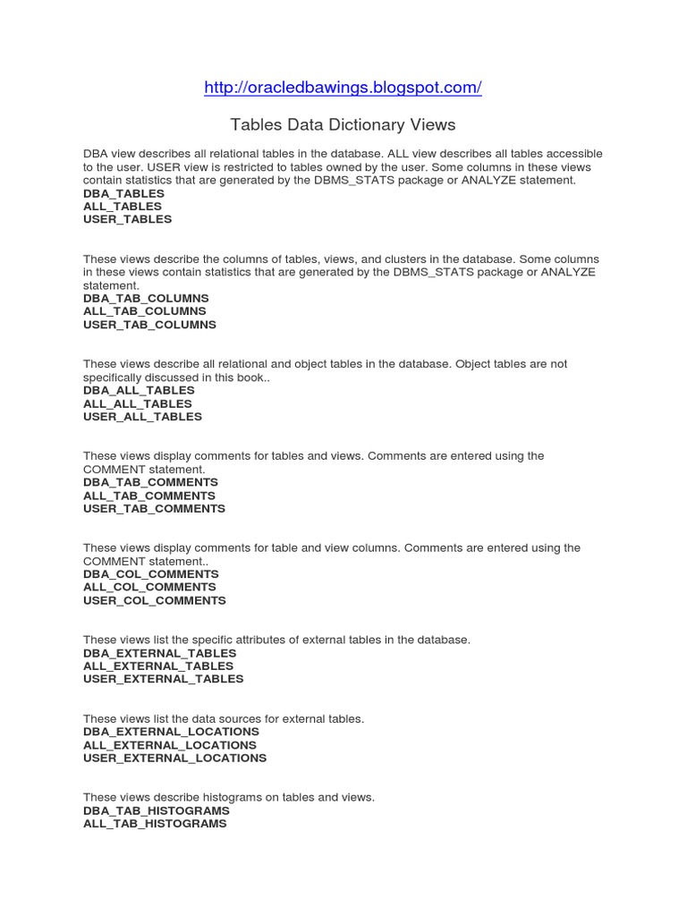 Oracle Data Dictionary Pdf Table Database Relational Database