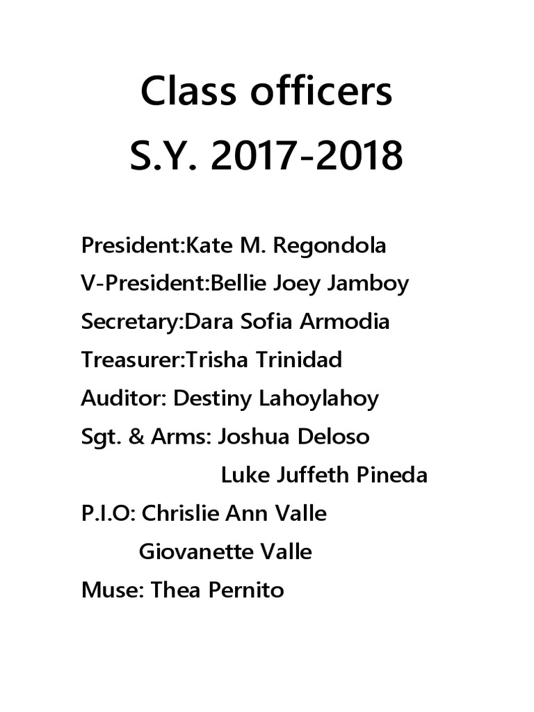 Class Officers for S.Y. 2017-2018 | PDF | Sports & Recreation | Social ...