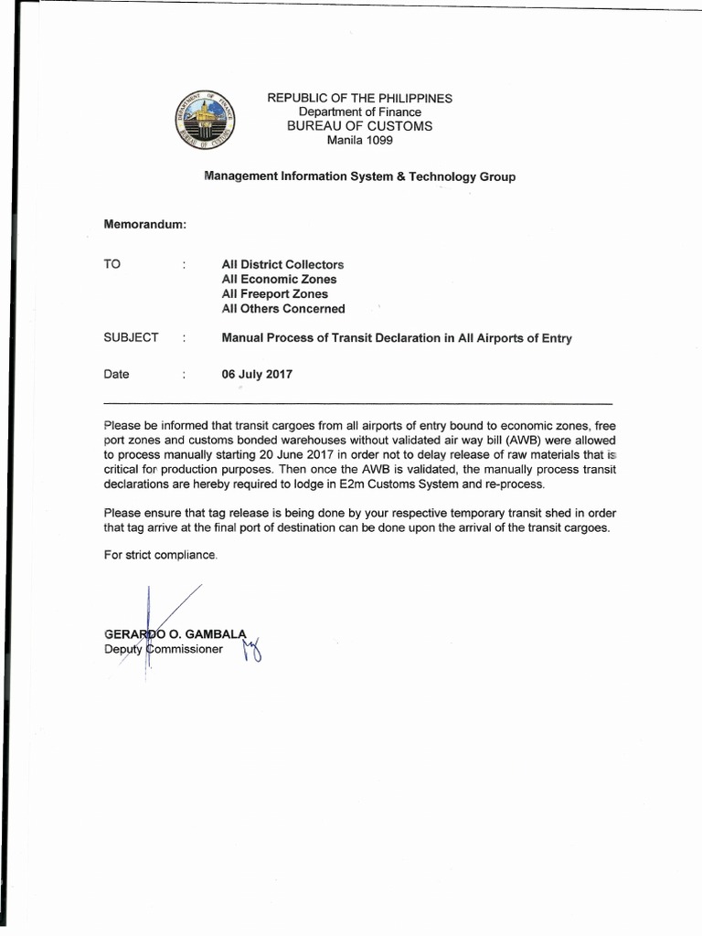 Bureau of Customs Memo On Manual Process of Transit Declaration at PH ...