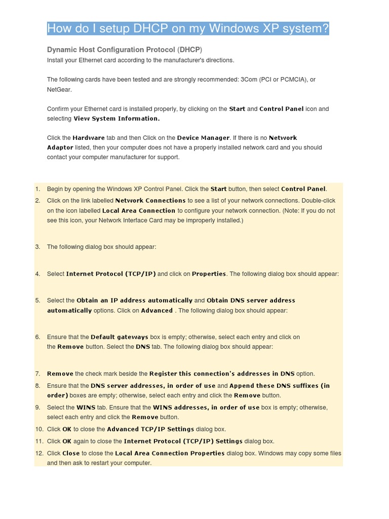 How Do I Setup DHCP On My Windows XP System?: Dynamic Host ...