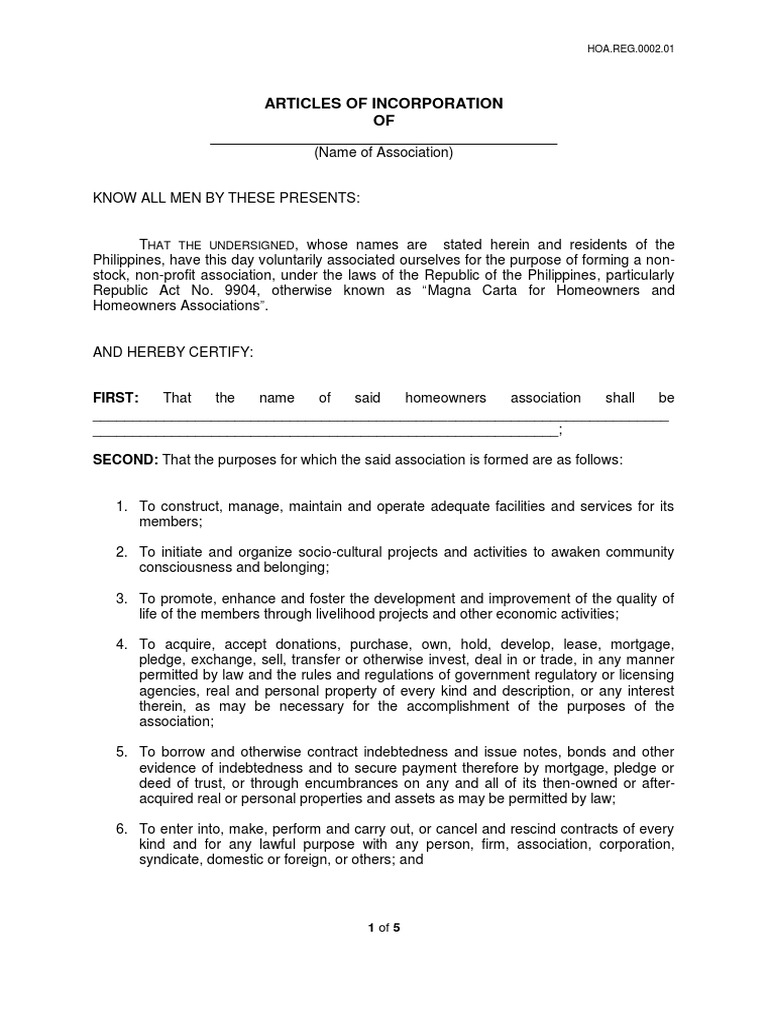 HOA.REG.0002 Articles of Incorporation Regular HOA.pdf | Mortgage Law ...