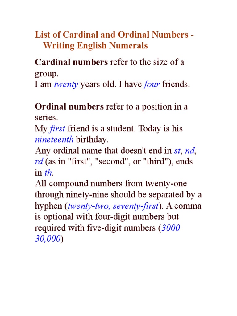 List of Cardinal and Ordinal Numbers | PDF