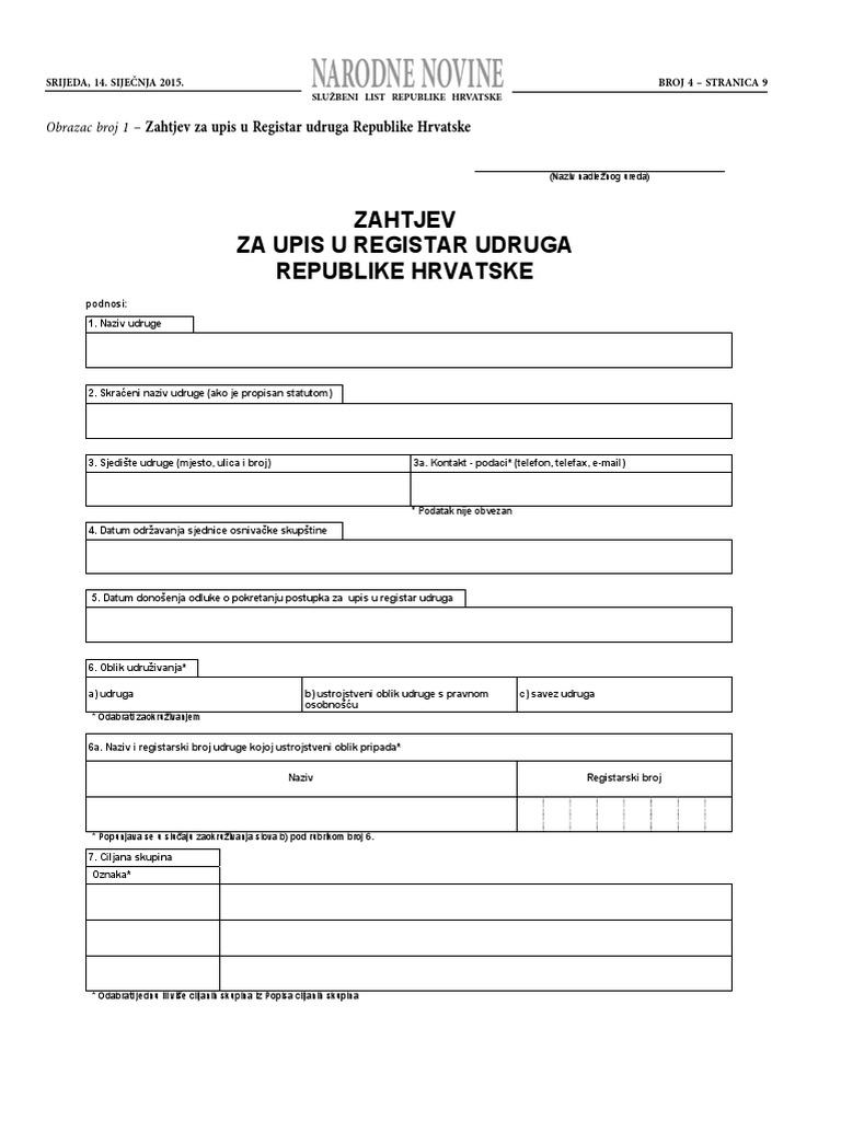 Zahtjev Za Upis Udruge | PDF