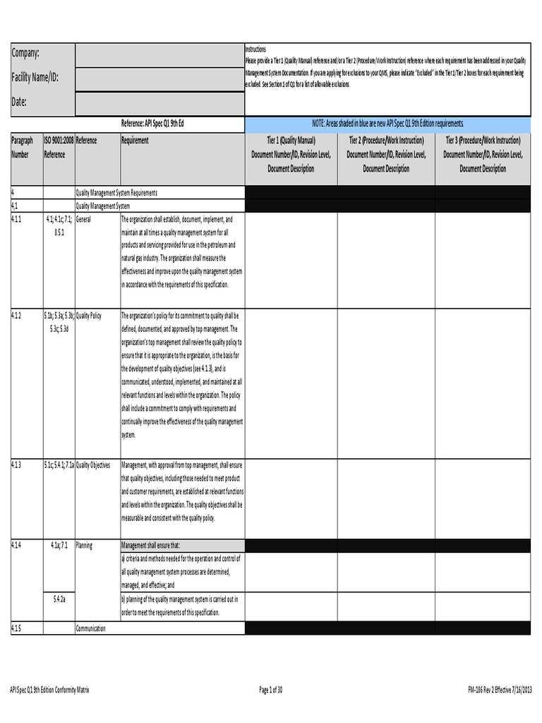 Matrice de Conformite - Norme API q1 | Quality Management System | Iso 9000