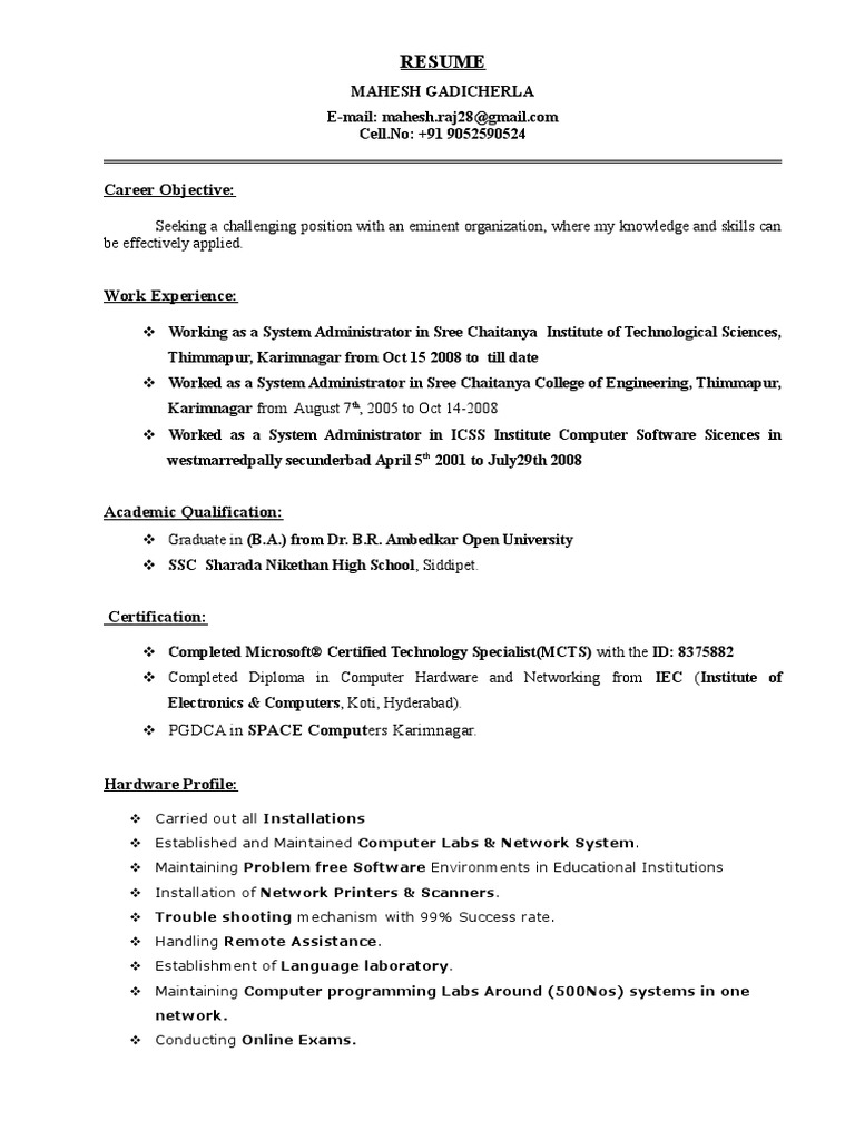 Mahesh Resume 01-01-17 | PDF | System Administrator | Microsoft Windows