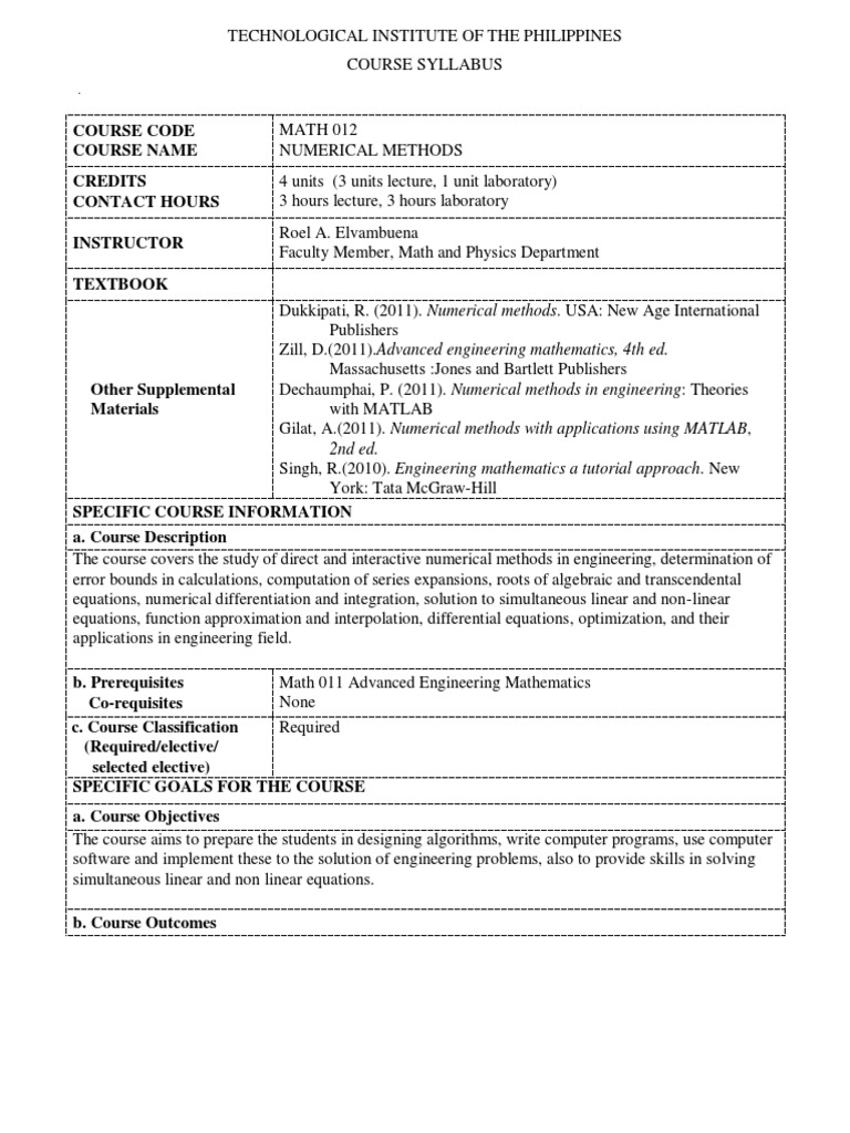 Numerical Methods 1 Semester Syllabus | PDF | Numerical Analysis ...