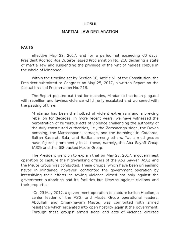 Martial Law in Mindanao: Proclamation 216 | PDF | Habeas Corpus ...
