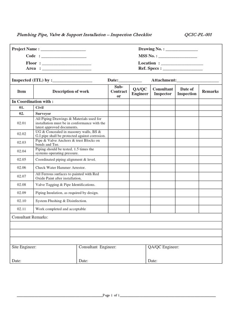 Plumbing Installation Inspection Checklist | PDF | Duct (Flow) | Pipe ...