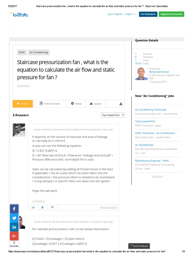 Staircase Pressurization Fan, What Is The Equation To Calculate The Air ...