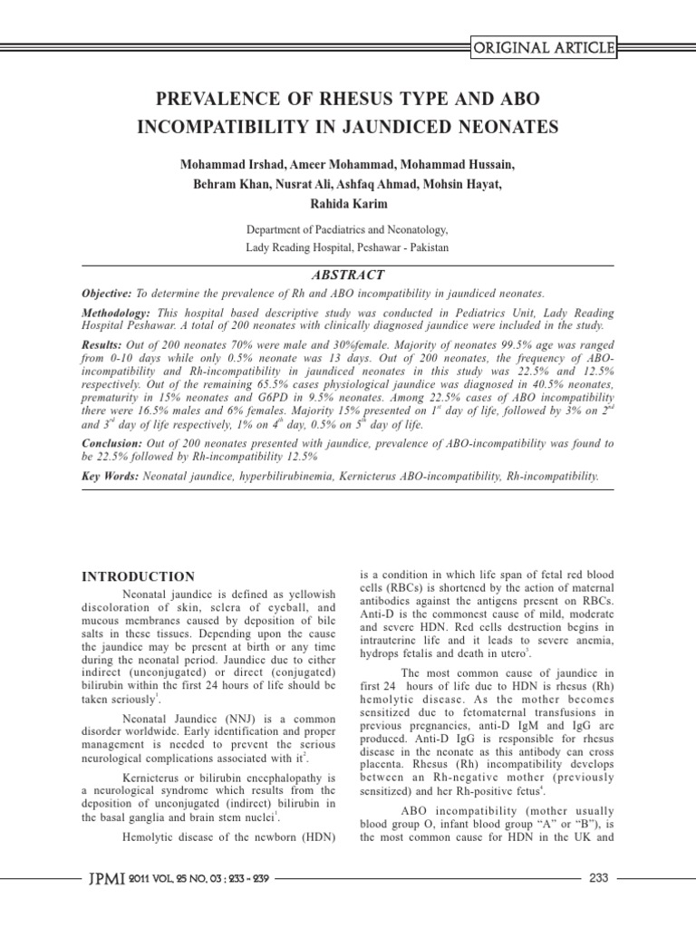 Rhesus Type and Abo Incompatibility in Jaundiced Neonates | PDF ...
