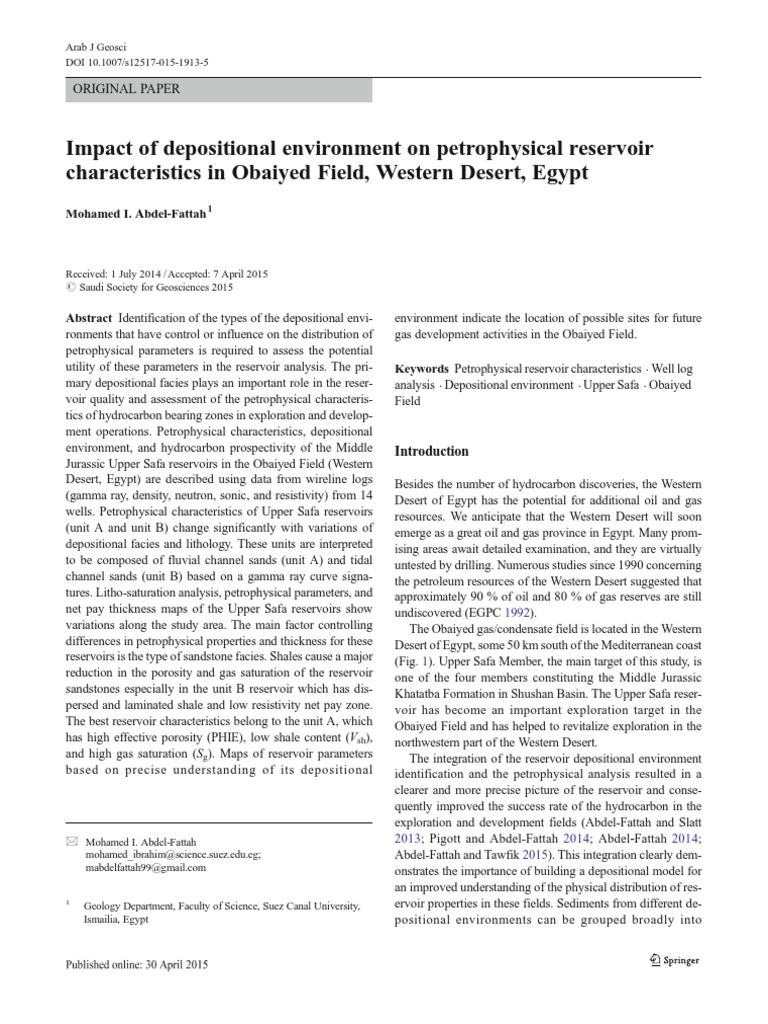 Impact of Depositional Environment On Petrophysical Reservoir ...