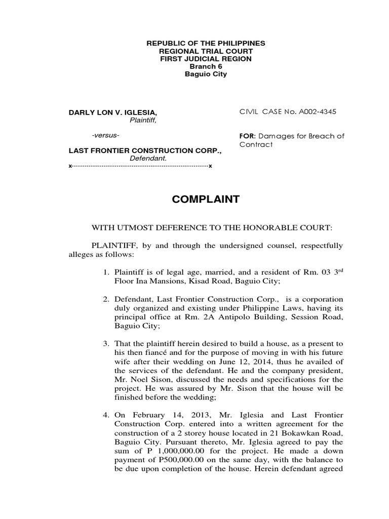 complaint-Breach-of-Contract DRAFT.docx | Damages | Liquidated Damages
