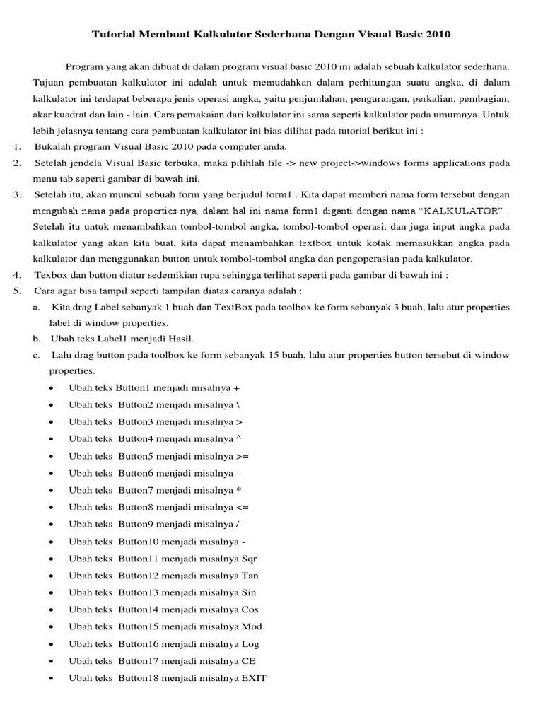 Tutorial Membuat Kalkulator Sederhana Dengan Visual Basic 2010 | PDF