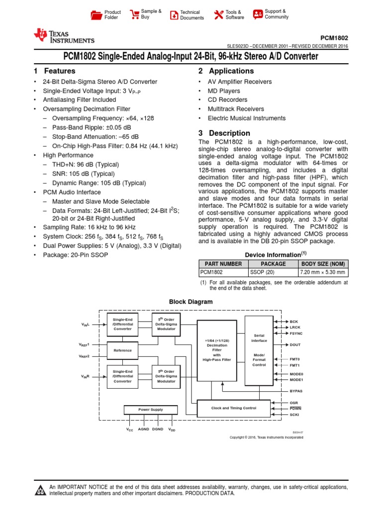 PCM 1802 | PDF | Analog To Digital Converter | Signal To Noise Ratio