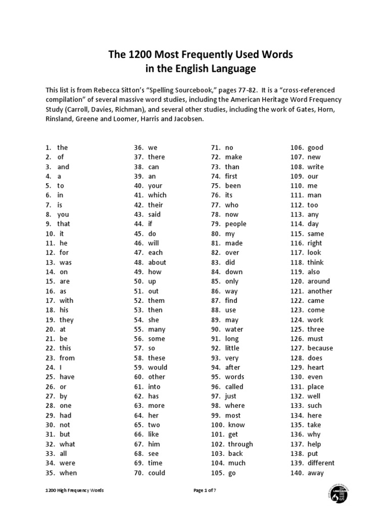 The 1200 Most Frequently Used Words in The English Language: 1200 High ...