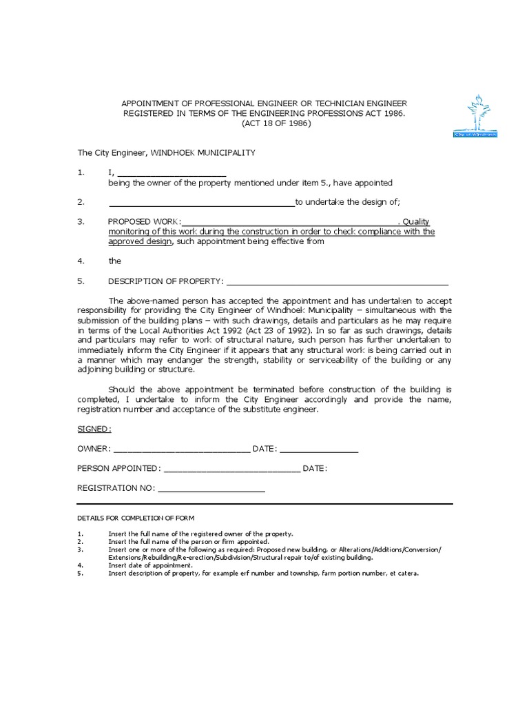 Windhoek Engineer Appointment Form | PDF