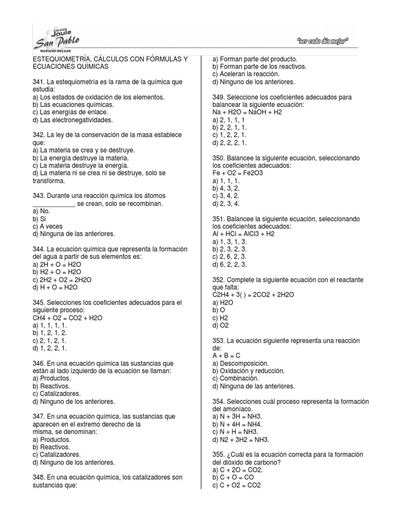 Estequio Preguntas | PDF | Estequiometría | Reacciones químicas