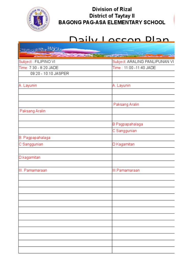 Daily Lesson Plan: Division of Rizal District of Taytay II Bagong Pag-Asa Elementary School | PDF
