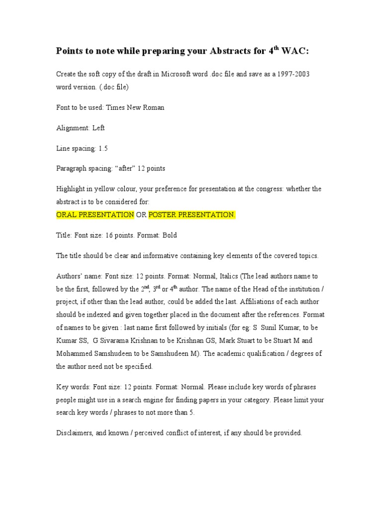 Points To Note While Preparing Your Abstracts For 4 Wac:: ND RD TH ...