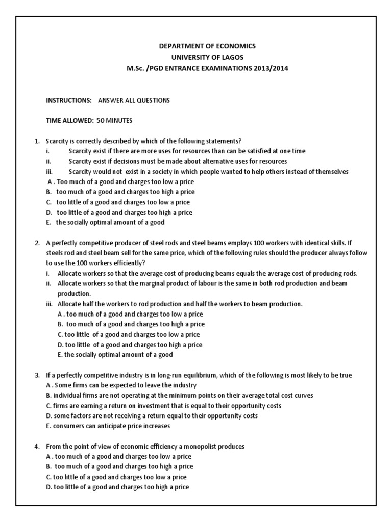 Unilag MSC Economics SAMPLE | PDF | Marginal Cost | Perfect Competition