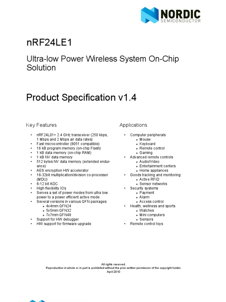 nRF24LE1 Product Spec v1 4 | PDF | Microcontroller | Electrical Engineering