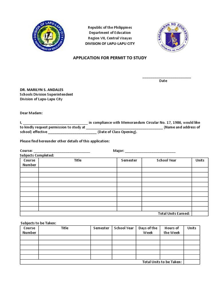 Application For Permit To Study | PDF | Virtue | Social Institutions