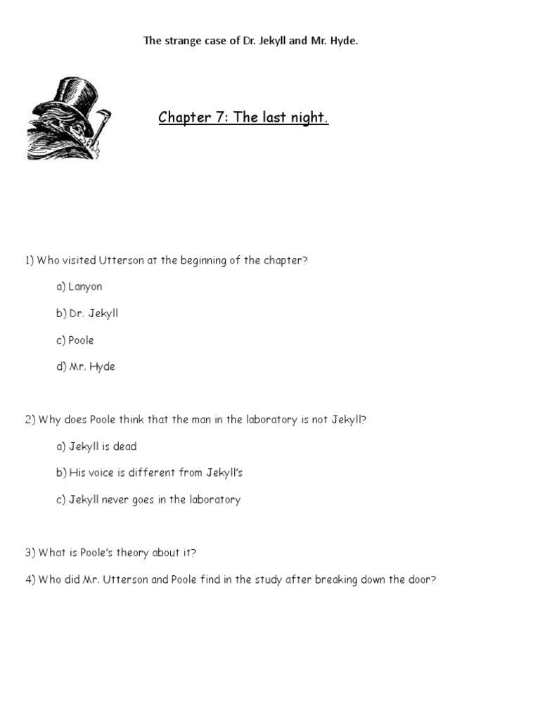 Dr. Jekyll and Mr. Hyde Worksheet Chapters 7 and 8 | Strange Case Of Dr ...
